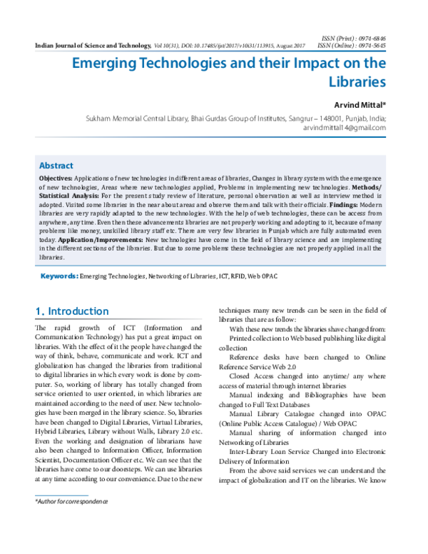 (PDF) Emerging Technologies and their Impact on the Libraries