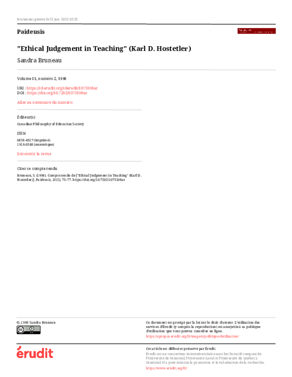 (PDF) Ethical Judgement in Teaching" (Karl D. Hostetler)