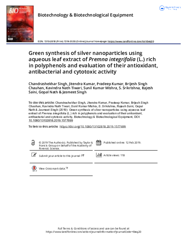 (PDF) Green synthesis of silver nanoparticles using aqueous leaf extract of Premna integrifolia ...