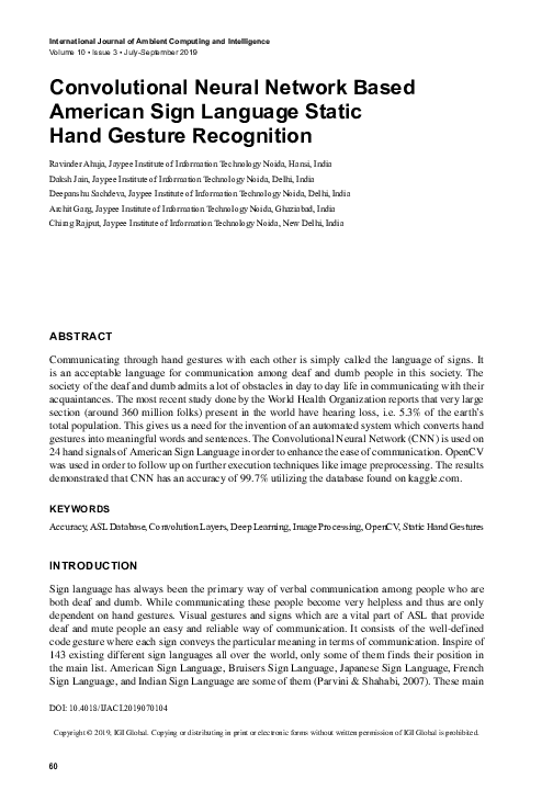 (PDF) Convolutional Neural Network Based American Sign Language Static Hand Gesture Recognition