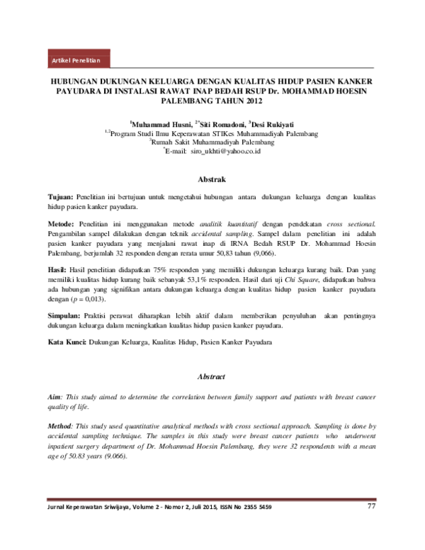 (PDF) Hubungan Dukungan Keluarga dengan Kualitas Hidup Pasien Kanker Payudara di Instalasi Rawat ...