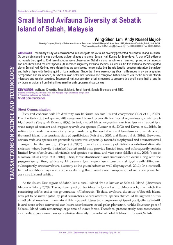 (PDF) Small Island Avifauna Diversity at Sebatik Island of Sabah, Malaysia