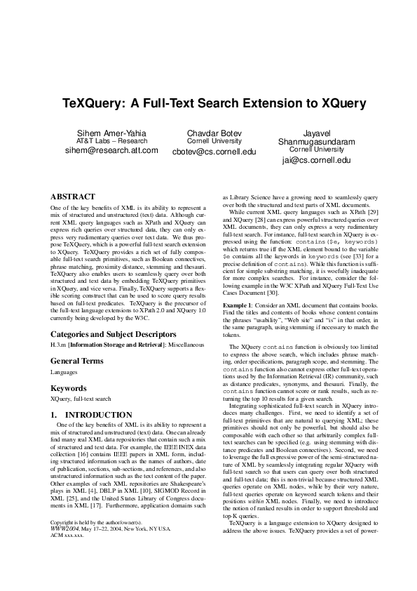 (PDF) TeXQuery: A Full-Text Search Extension to XQuery