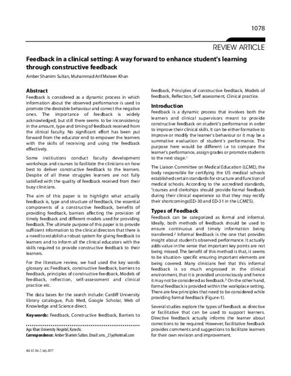 (PDF) Feedback in a clinical setting: A way forward to enhance student's learning through ...