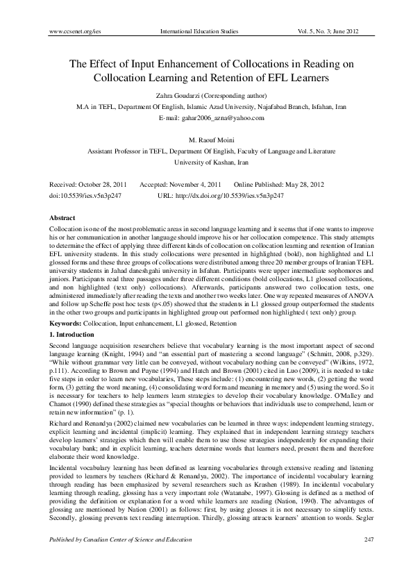(PDF) The Effect of Input Enhancement of Collocations in Reading on Collocation Learning and ...