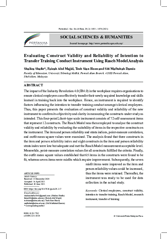 (PDF) Evaluating Construct Validity and Reliability of Intention to Transfer Training Conduct ...