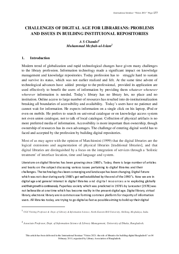 (PDF) Challenges of Digital Age for Librarians: Problems and issues in ...