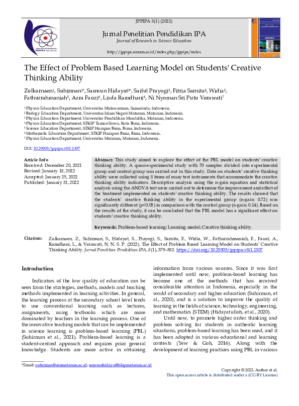 (PDF) Effect of Problem Based Learning Model on Students' Creative ...