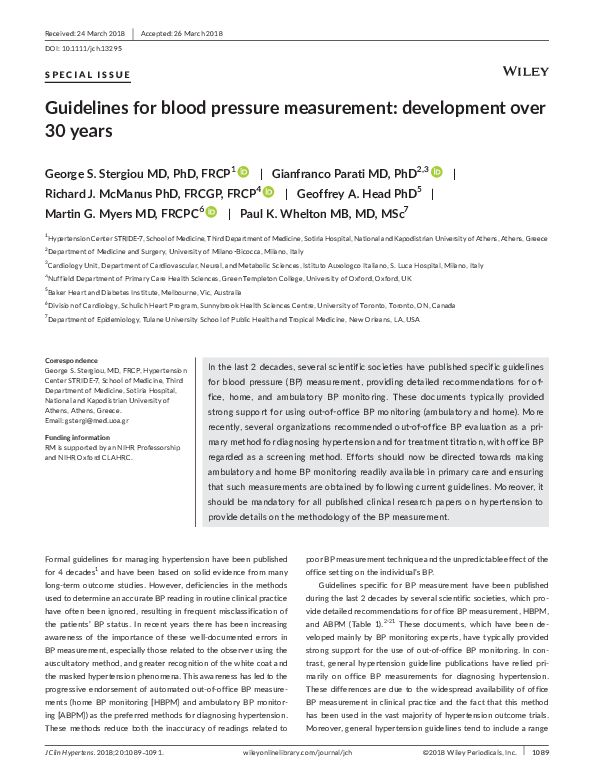 (PDF) Guidelines for blood pressure measurement: development over 30 years