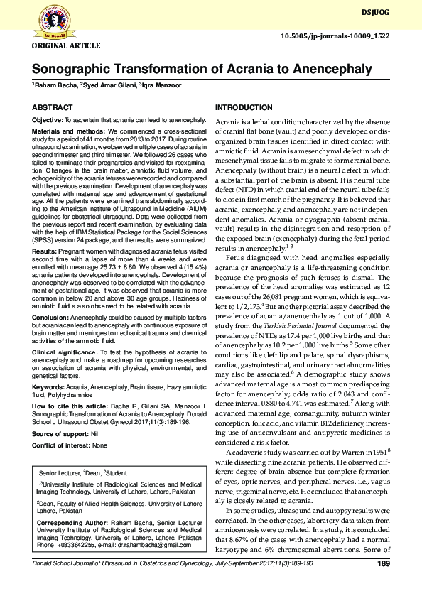 (PDF) Sonographic Transformation of Acrania to Anencephaly