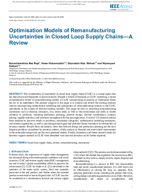 (PDF) Optimisation Models of Remanufacturing Uncertainties in Closed Loop Supply Chains—A Review