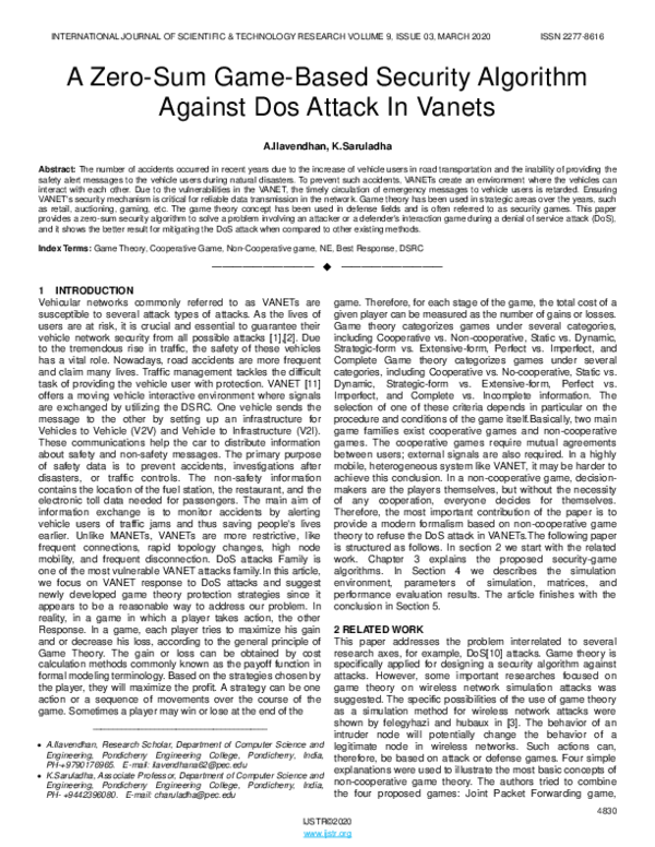 Pdf A Zero Sum Game Based Security Algorithm Against Dos Attack In Vanets