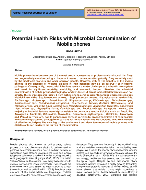 (PDF) Potential Health Risks with Microbial Contamination of Mobile phones
