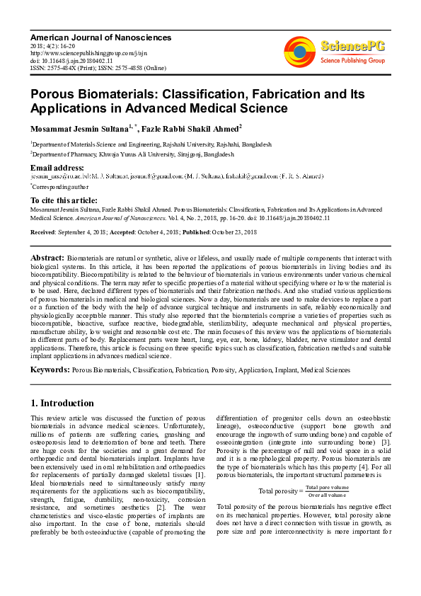 (PDF) Porous Biomaterials: Classification, Fabrication and Its ...