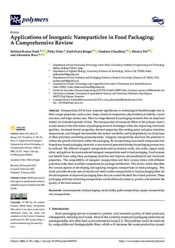 (PDF) Applications of Inorganic Nanoparticles in Food Packaging: A ...