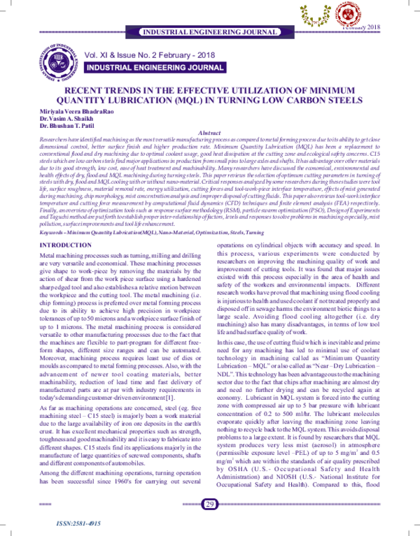 Pdf Recent Trends In The Effective Utilization Of Minimum Quantity Lubrication Mql In