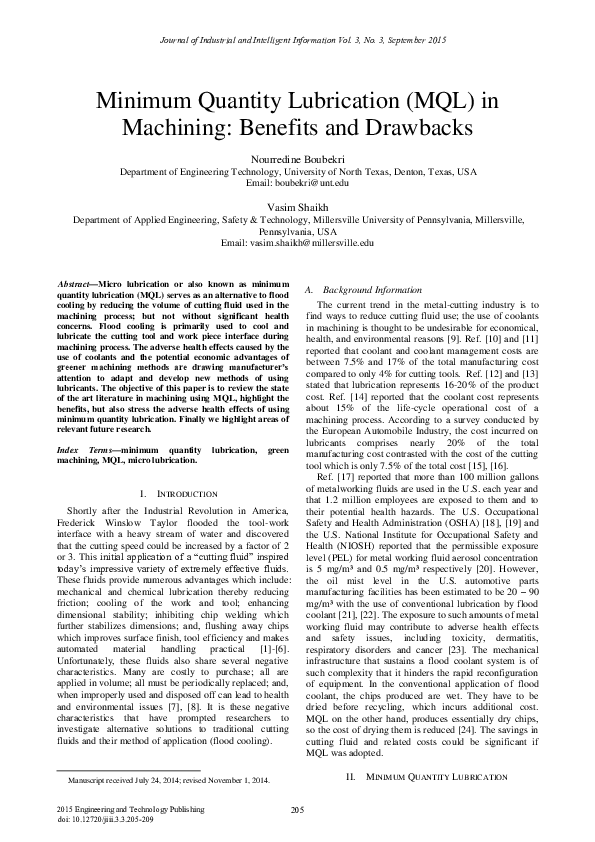 (PDF) Minimum Quantity Lubrication (MQL) in Machining: Benefits and Drawbacks