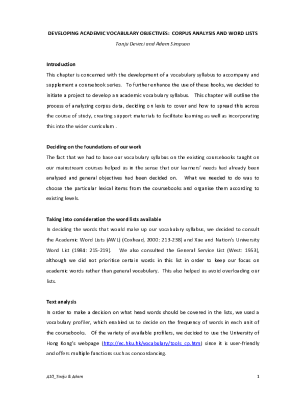 (PDF) Developing Academic Vocabulary Objectives Corpus Analysis and ...