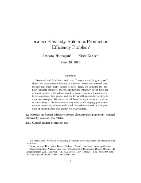 Pdf Inverse Elasticity Rule In A Production Efficiency Problem