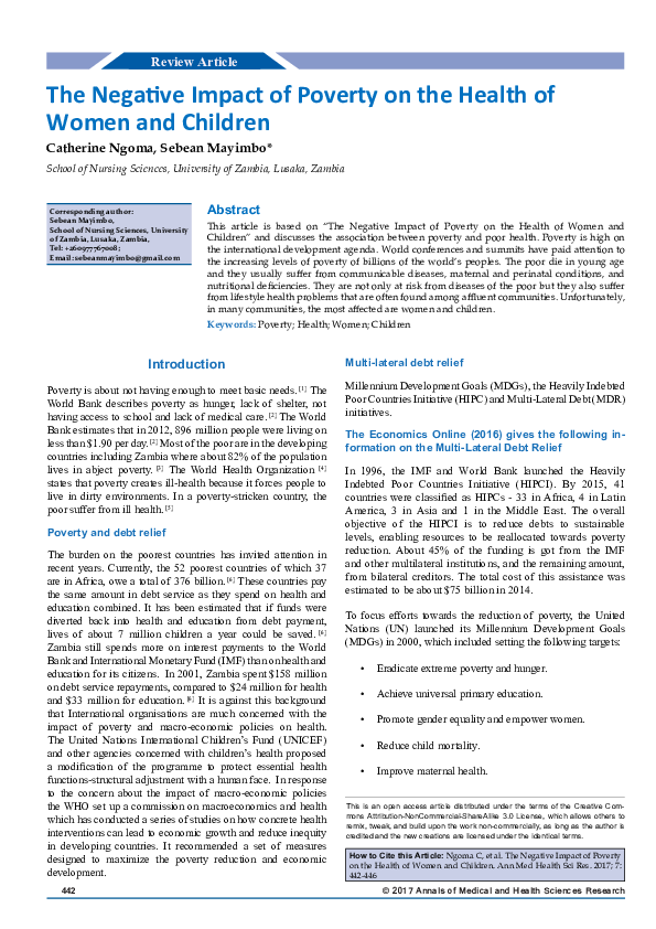 (PDF) The Negative Impact of Poverty on the Health ofWomen and Children