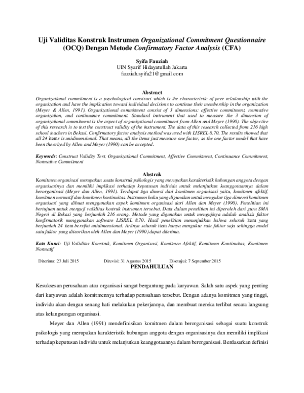 (PDF) Uji Validitas Konstruk Instrumen Organizational Commitment ...