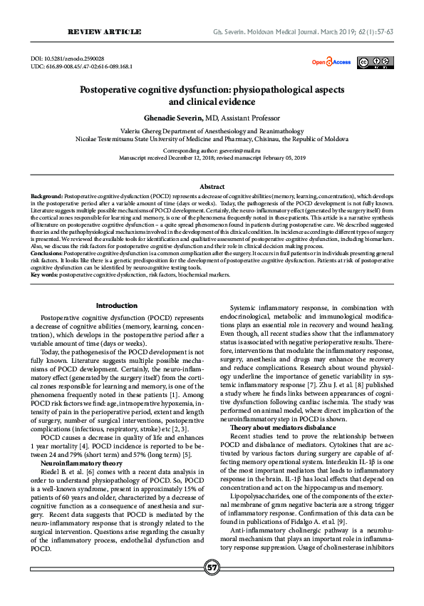(PDF) Postoperative cognitive dysfunction: physiopathological aspects ...