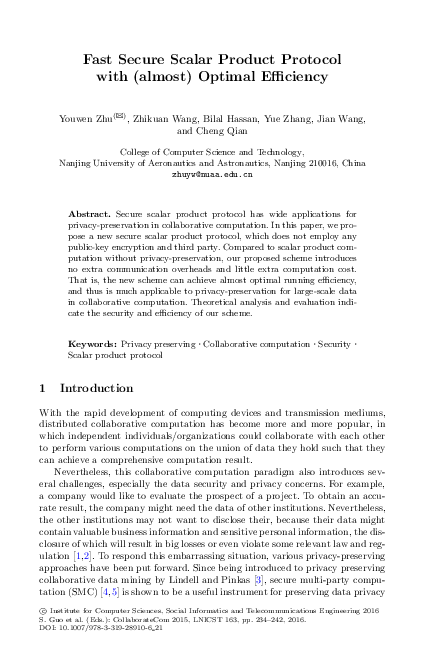 Pdf Fast Secure Scalar Product Protocol With Almost Optimal Efficiency