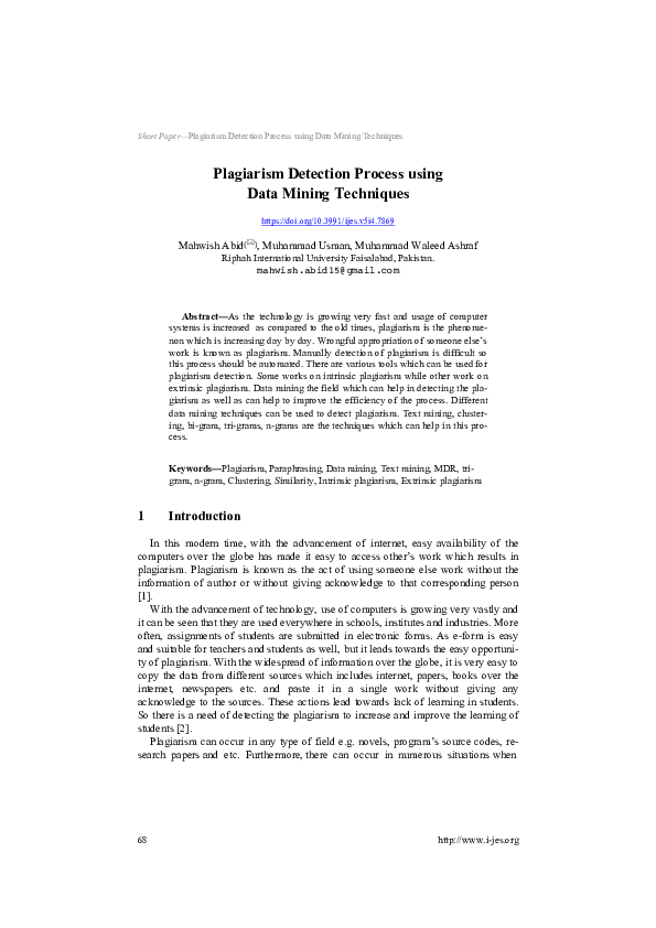 Pdf Plagiarism Detection Process Using Data Mining Techniques
