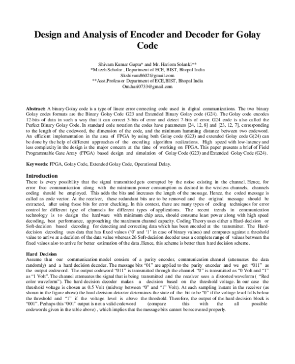 Pdf Design And Analysis Of Encoder And Decoder For Golay Code