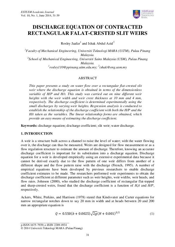(PDF) Discharge equation of contracted rectangular falat-crested slit weirs / Rosley Jaafar and ...