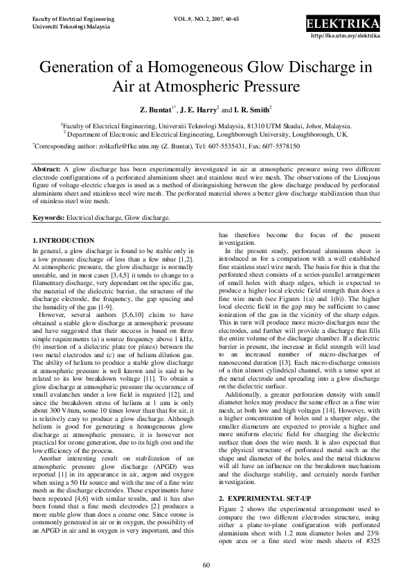 (PDF) Generation of a Homogeneous Glow Discharge in Air at Atmospheric ...