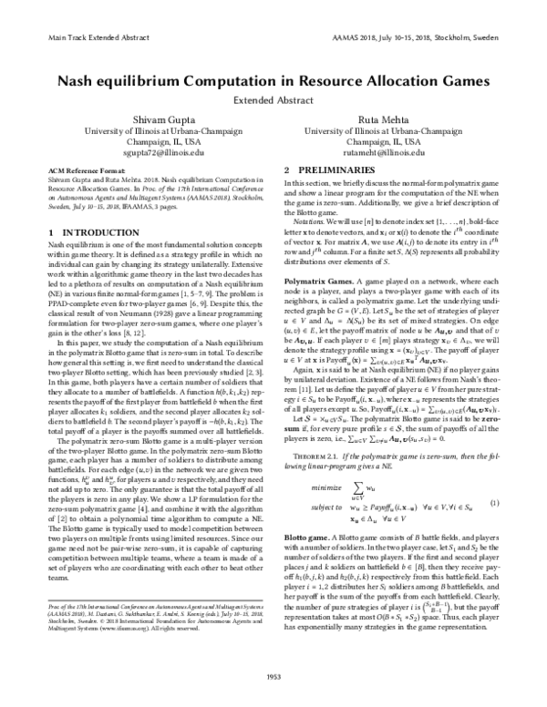 (PDF) Nash Equilibrium Computation in Resource Allocation Games