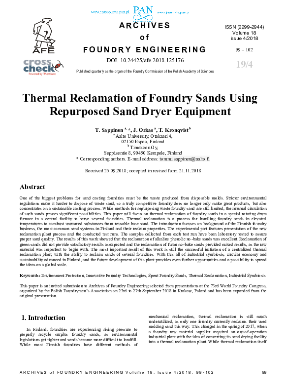 (PDF) Thermal Reclamation of Foundry Sands Using Repurposed Sand Dryer Equipment