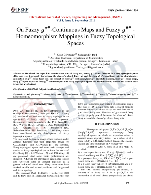 (PDF) On Fuzzy g-Continuous Maps and Fuzzy g-Homeomorphism Mappings in Fuzzy Topological Spaces