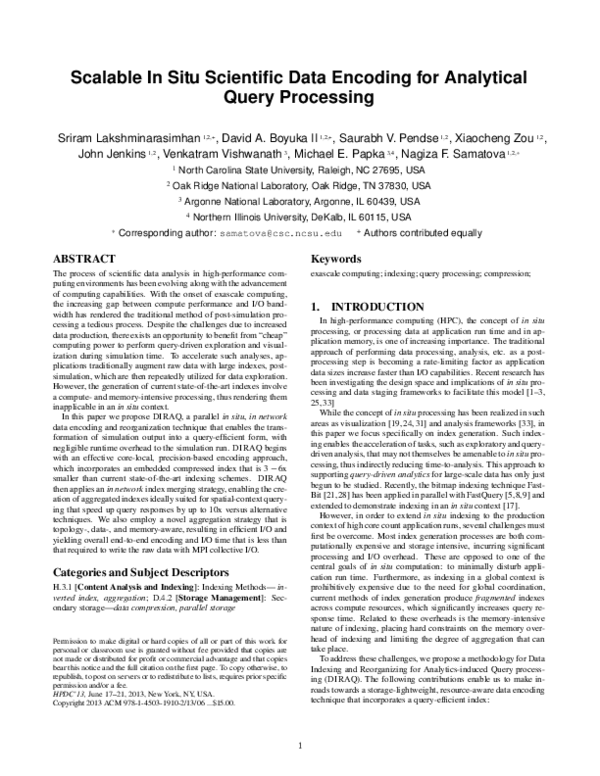(PDF) Scalable in situ scientific data encoding for analytical query processing | Nagiza ...