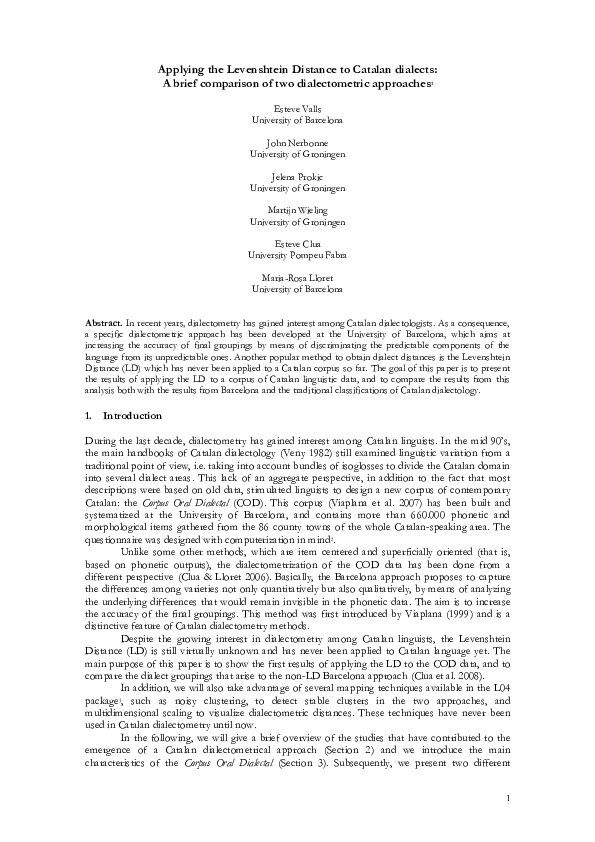 (PDF) 1 Applying the Levenshtein Distance to Catalan dialects: A brief comparison of two ...
