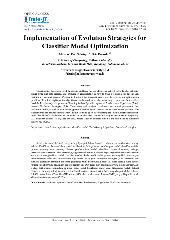 (PDF) Implementation of Evolution Strategies for Classifier Model Optimization