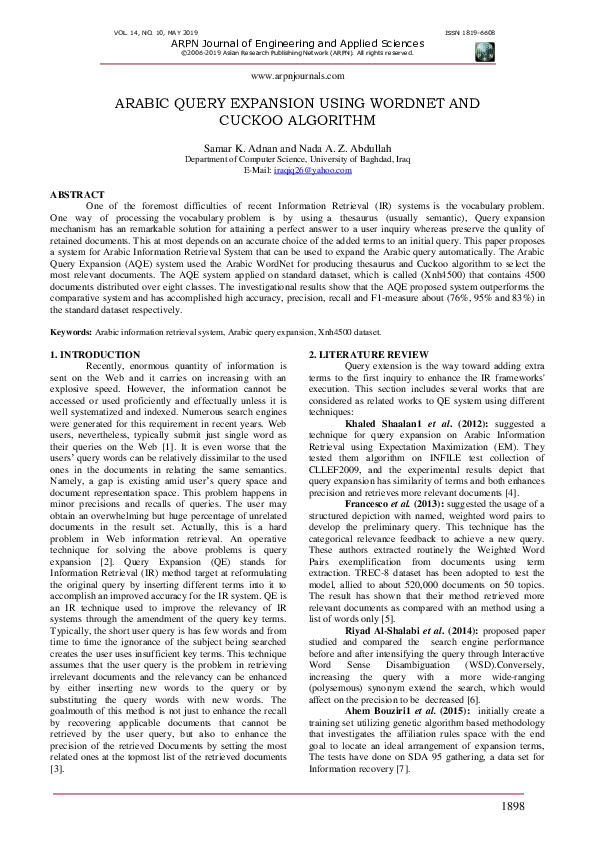 (PDF) Arabic Query Expansion Using Wordnet and Cuckoo Algorithm