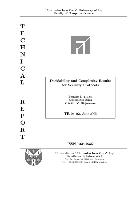 (PDF) Decidability and Complexity Results for Security Protocols | Ferucio Laurentiu Tiplea ...
