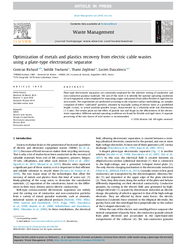 (PDF) Optimization of metals and plastics recovery from electric cable ...