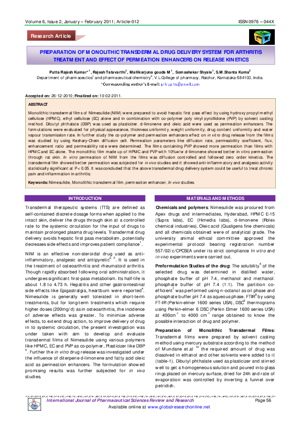 (PDF) PREPARATION OF MONOLITHIC TRANSDERMAL DRUG DELIVERY SYSTEM FOR ARTHRITIS TREATMENT AND ...