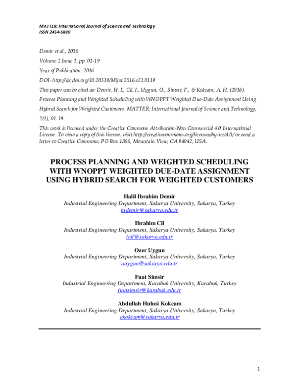 Pdf Process Planning And Weighted Scheduling With Wnoppt Weighted Due Date Assignment Using 