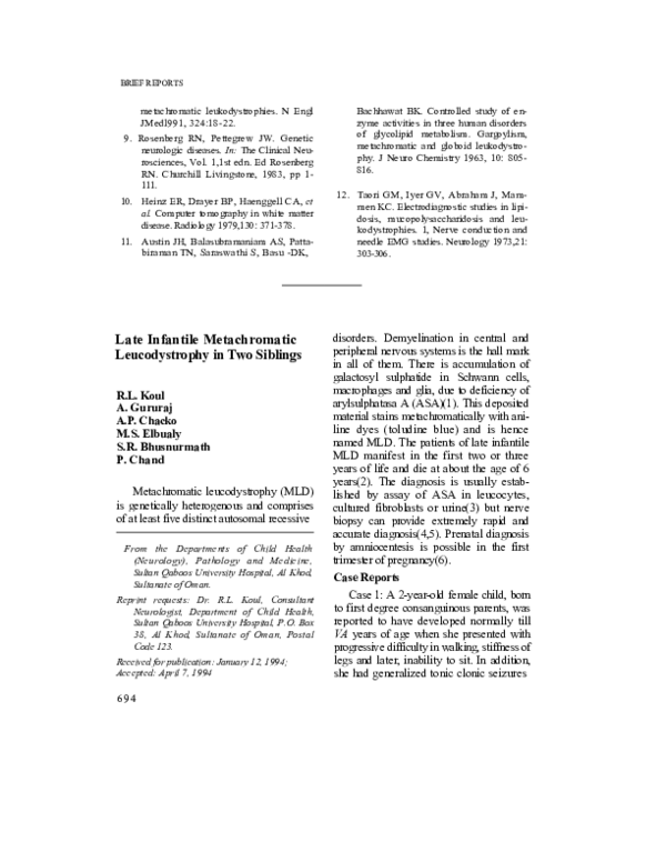 (PDF) Late Infantile Metachromatic Leucodystrophy of the Genetic Type