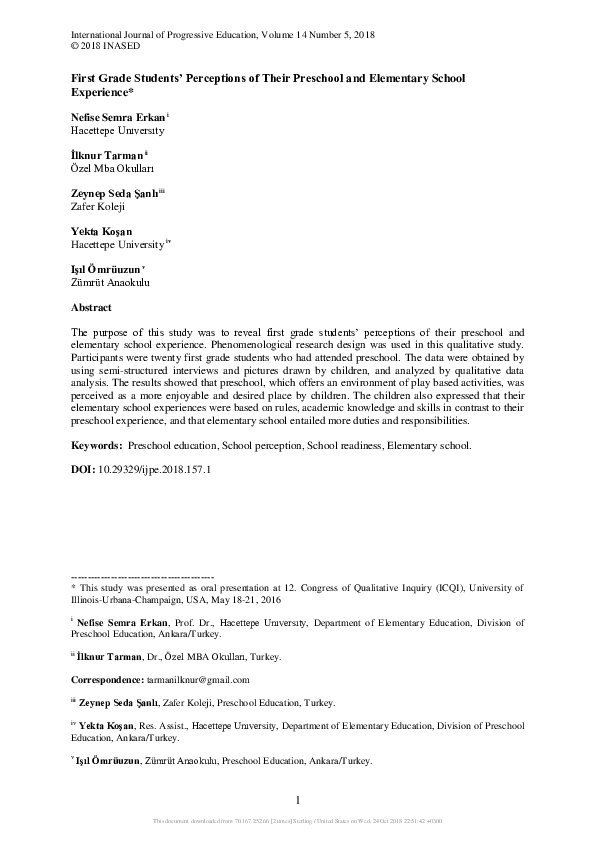 (PDF) First Grade Students' Perceptions of Their Preschool and ...