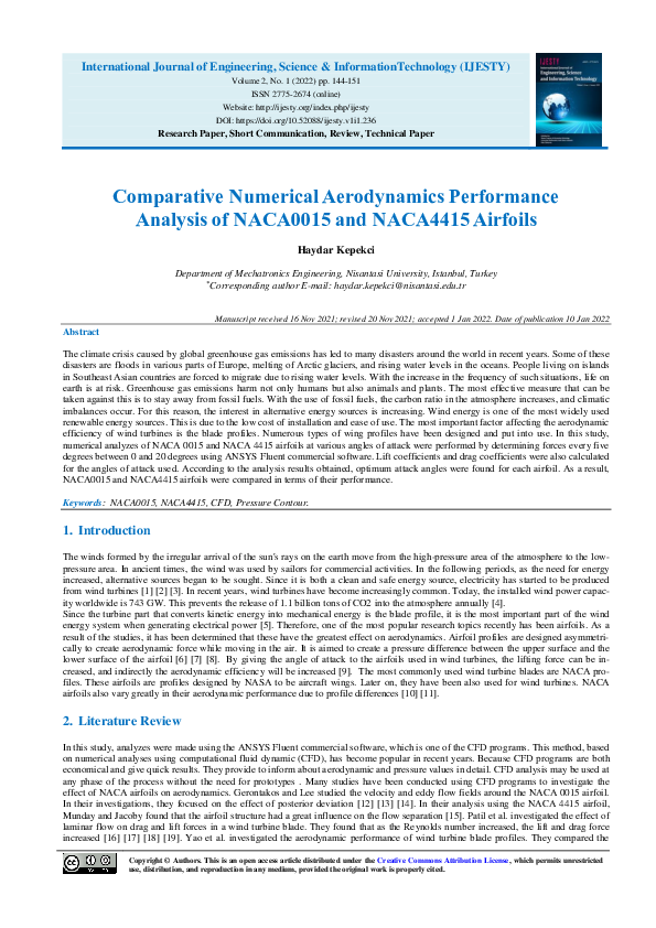 (PDF) Comparative Numerical Aerodynamics Performance Analysis of NACA0015 and NACA4415 Airfoils
