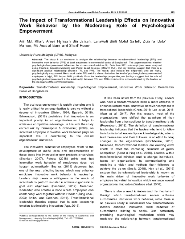 (PDF) The Impact of Transformational Leadership Effects on Innovative Work Behavior by the ...