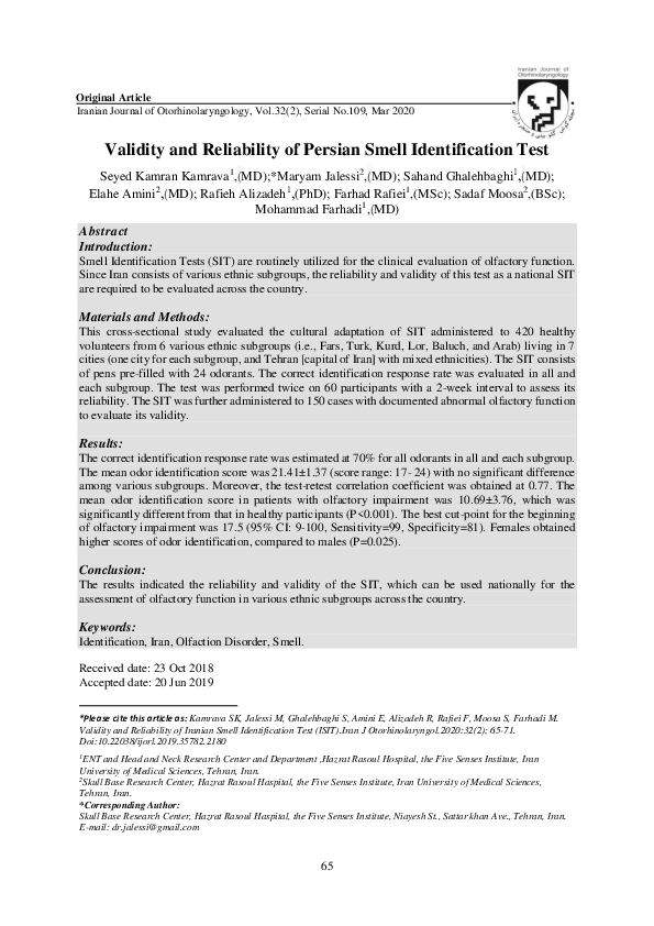 (PDF) Validity and Reliability of Persian Smell Identification Test