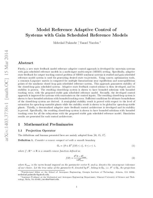 Pdf Model Reference Adaptive Control Of Systems With Gain Scheduled Reference Models