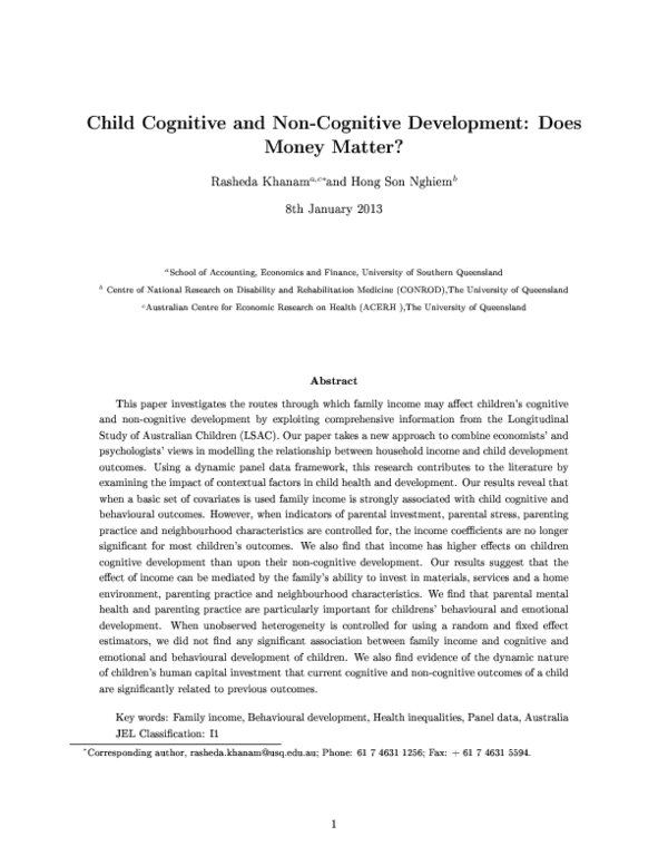 (PDF) Child cognitive and non-cognitive development: Does money matter?