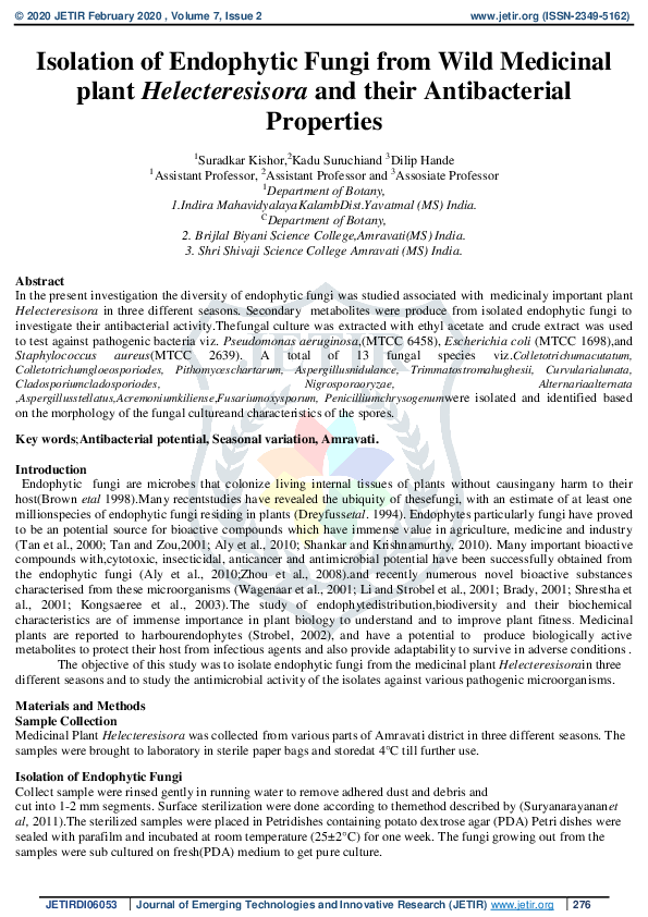 (PDF) Isolation of Endophytic Fungi fromWild Medicinal plant ...